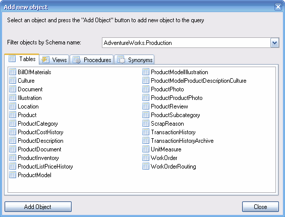 Adding objects to the query in Active Query Builder - User's Guide